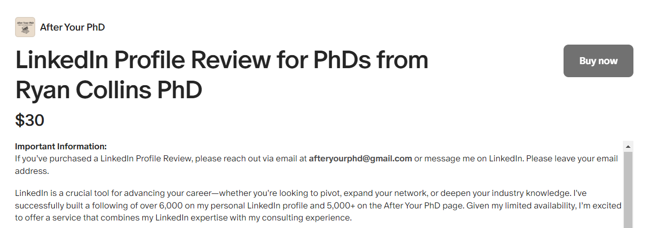 LinkedIn Profile Review for Academics ($30) - After Your PhD LLC